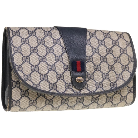 Gucci | Bags | Gucci Gg Canvas Sherry Line Clutch Bag Pvc Navy Red Auth ...